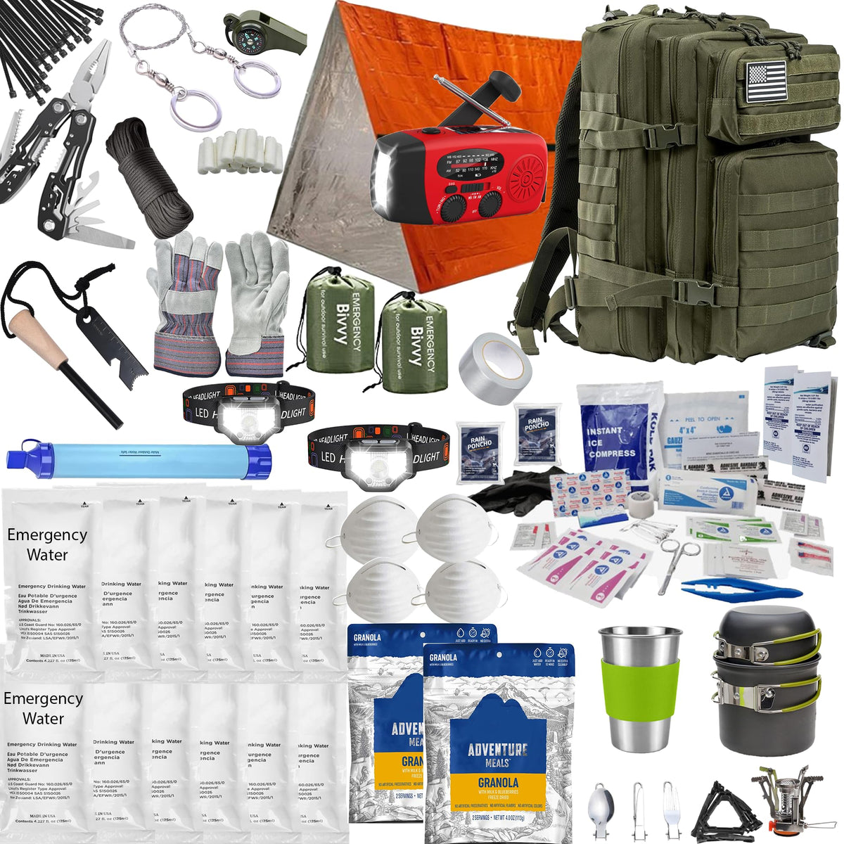 72-Hour Survival Kit | 45L Bug Out Bag | Survival Gear with First Aid, – PrepareLink